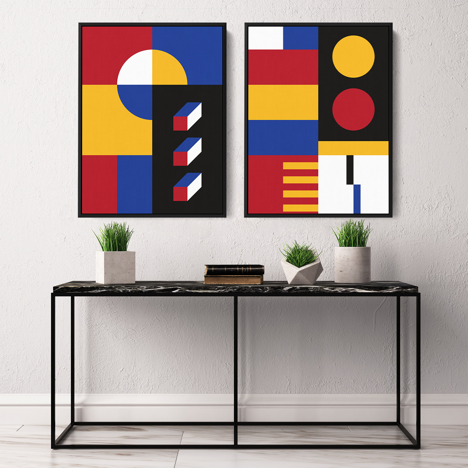 Metropolis Modern Bauhaus Geometric Red Yellow Blue Wall Art 2 Piece Set