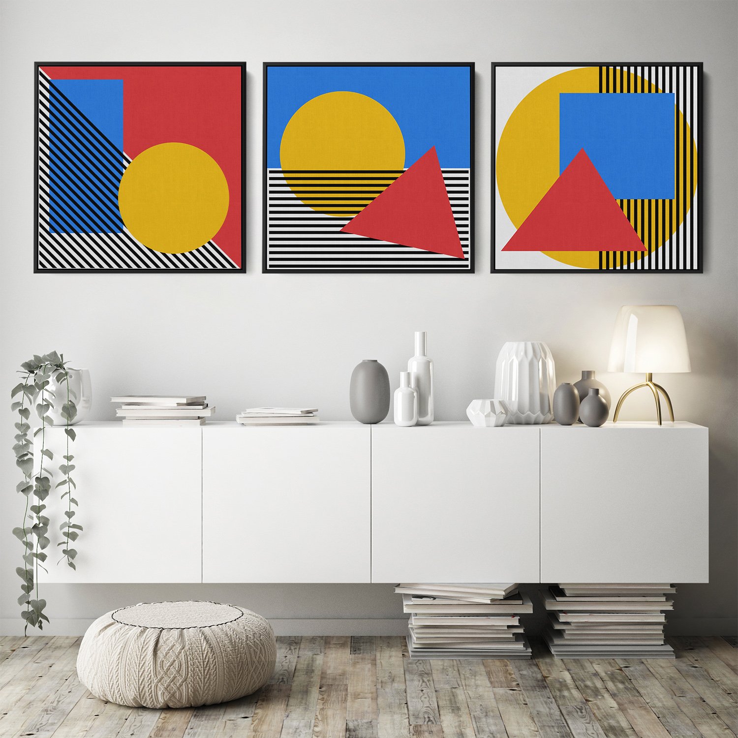 Primary Shapes Bauhaus Modern Retro Geometric Wall Art 3 Piece Set